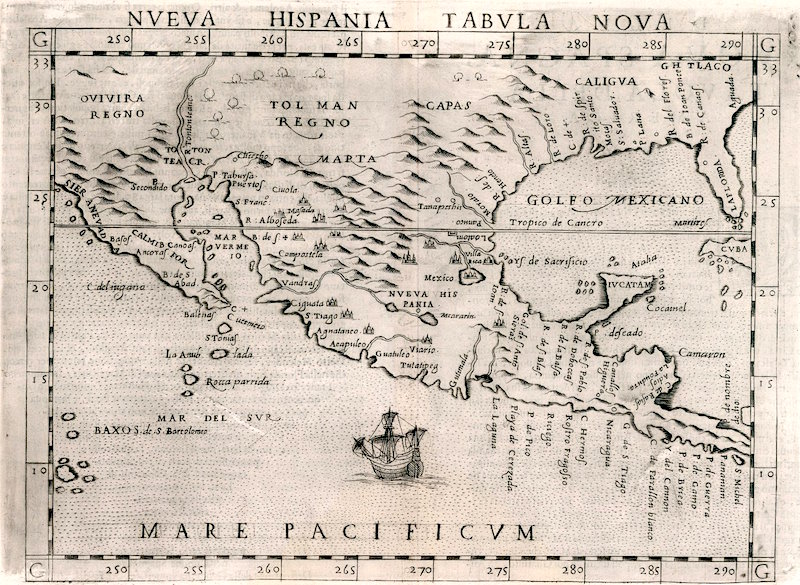 Engraved map of New Spain (colonial Mexico) in 1599: Girolamo Ruscelli ...